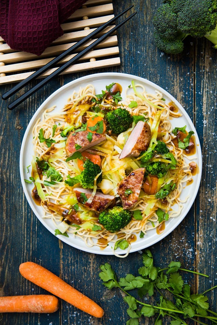 Indrefilet av svin med teriyakistekte grønnsaker og eggenudler ...